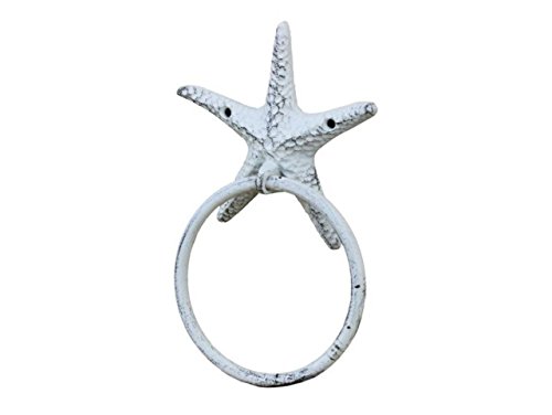 Rustic Whitewashed Cast Iron Starfish Towel Holder 8.5 Inch - Starfish Decoration - Sea Home Decor