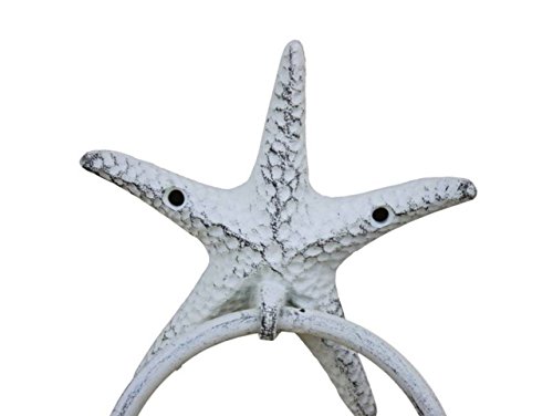 Rustic Whitewashed Cast Iron Starfish Towel Holder 8.5 Inch - Starfish Decoration - Sea Home Decor