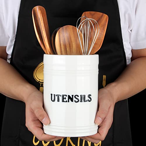 Best White Large Ceramic Utensil Crock Kitchen Spoon Stand Utensil Jar Flatware Caddy Cooking Spoon Utensil Holder Organizer Silverware Holder Stove Top Utensil Holder