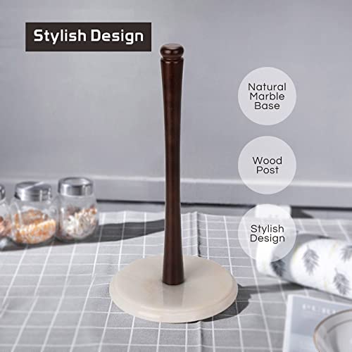 Marble Paper Towel Holder Countertop for Kitchen, Wood Paper Towel Holder Stand with No Wobbly Natural Marble Base, One Hand Pull & Tear - Black Brown