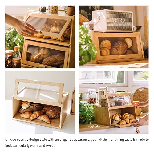 MHONFL Bamboo Bread Box For Kitchen Counter With Cutting Board, large Capacity Bread Storage Container , rustic Farmhouse Style Bread Holder For Kitchen Countertop