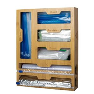 Shaw Limited Ziplock Bag Organizer - Bamboo, 6 in 1 Wrap Dispenser with Cutter, Perfect for Gallon, Quart, Sandwich & Snack Bag, Cling Film, Aluminum Foil etc; Compatible with 12" Kitchen Rolls