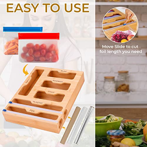 Shaw Limited Ziplock Bag Organizer - Bamboo, 6 in 1 Wrap Dispenser with Cutter, Perfect for Gallon, Quart, Sandwich & Snack Bag, Cling Film, Aluminum Foil etc; Compatible with 12" Kitchen Rolls