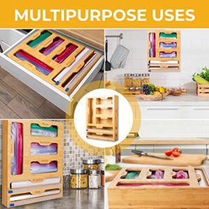 Shaw Limited Ziplock Bag Organizer - Bamboo, 6 in 1 Wrap Dispenser with Cutter, Perfect for Gallon, Quart, Sandwich & Snack Bag, Cling Film, Aluminum Foil etc; Compatible with 12" Kitchen Rolls