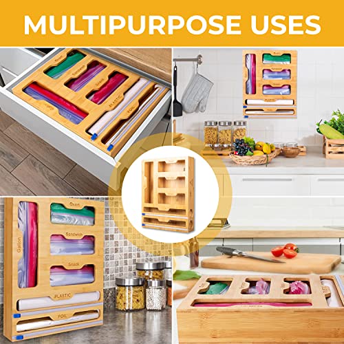 Shaw Limited Ziplock Bag Organizer - Bamboo, 6 in 1 Wrap Dispenser with Cutter, Perfect for Gallon, Quart, Sandwich & Snack Bag, Cling Film, Aluminum Foil etc; Compatible with 12" Kitchen Rolls