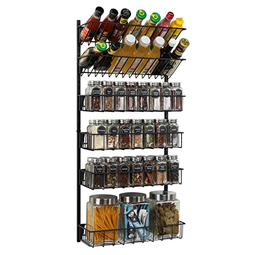 X-cosrack Wall Mounted Spice Rack Organizer 6 Tier Hanging Seasoning Holder Rack, Height-Adjustable Wire Storage Shelves for Kitchen Pantry Cabinet Door Bathroom, Black