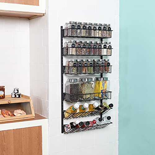 X-cosrack Wall Mounted Spice Rack Organizer 6 Tier Hanging Seasoning Holder Rack, Height-Adjustable Wire Storage Shelves for Kitchen Pantry Cabinet Door Bathroom, Black