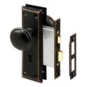 prime-line e 2495 mortise keyed lock set with classic bronze knob – perfect for replacing broken antique lock sets and more, fits 1-3/8 in.-1-3/4 in. interior doors (classic bronze)