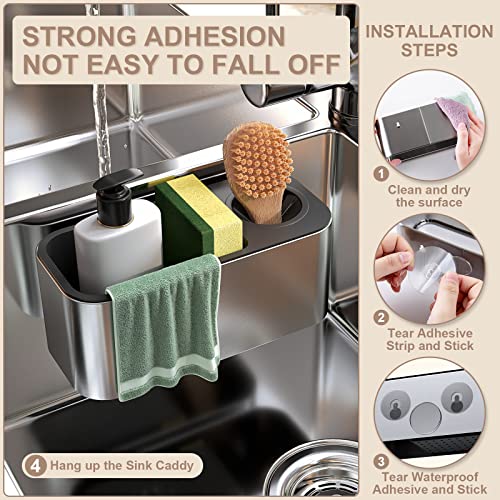 CENPIN Sponge Holder for Kitchen Sink, Sink Organizer Caddy, Dish Brush Holder, Stainless Steel Never Rust, Kitchen Essentials Sink Accessories with Adhesive Installation No Drilling - Silver