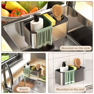 CENPIN Sponge Holder for Kitchen Sink, Sink Organizer Caddy, Dish Brush Holder, Stainless Steel Never Rust, Kitchen Essentials Sink Accessories with Adhesive Installation No Drilling - Silver