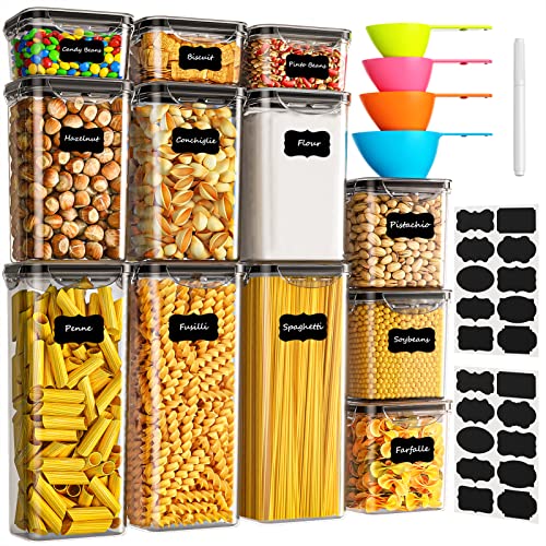 Airtight Food Storage Containers Set with Lids -12 PCS Kitchen Pantry Organization and Storage BPA-Free Plastic Food Containers for Cereal Flour Sugar and Snack, for Organizing with Labels & Marker (JSC-12)