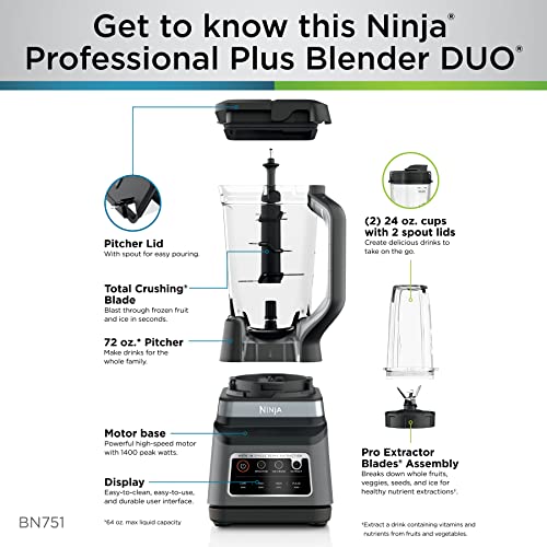 Ninja BN751 Professional Plus DUO Bender, 1400 Peak Watts, 3 Auto-IQ Programs for Smoothies, Frozen Drinks & Nutrient Extractions, 72-oz. Total Crushing Pitcher & (2) 24 oz. To-Go Cups, Dark Grey