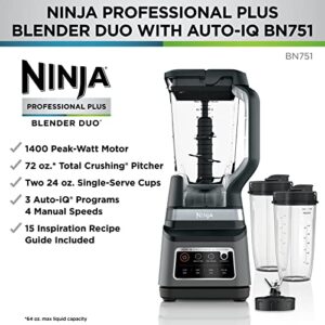 Ninja BN751 Professional Plus DUO Bender, 1400 Peak Watts, 3 Auto-IQ Programs for Smoothies, Frozen Drinks & Nutrient Extractions, 72-oz. Total Crushing Pitcher & (2) 24 oz. To-Go Cups, Dark Grey