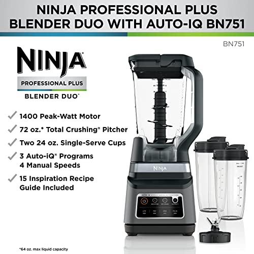 Ninja BN751 Professional Plus DUO Bender, 1400 Peak Watts, 3 Auto-IQ Programs for Smoothies, Frozen Drinks & Nutrient Extractions, 72-oz. Total Crushing Pitcher & (2) 24 oz. To-Go Cups, Dark Grey