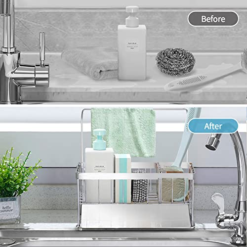 iBigLY Sponge Holder Kitchen Sink Caddy Organizer, 304 Stainless Steel Kitchen Soap Dispenser Caddy Organizer with Auto Drain Tray, Sink Rack for Kitchen & Bathroom Holding Sponge and Towel (Silver)