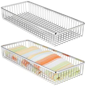 mdesign metal farmhouse kitchen cabinet drawer organizer basket tray, shallow storage bin for cutlery, serving spoons, cooking utensils, appliances, gadgets, unity collection, 15″ long, 2 pack, chrome