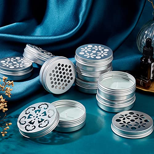 PH PandaHall 2 Ounce Aluminium Tins, 12pcs 3 Styles Empty Storage Containers with Hollow Lids 60ml Screw Lid Round Jars Sample for Aromatherapy Air Freshener Candles Travel Storage