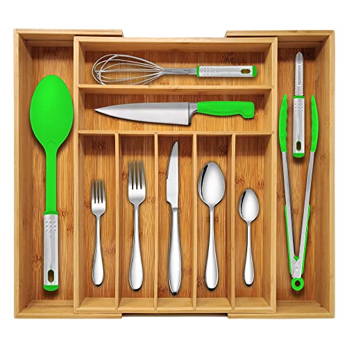 Nature Gear Kitchen Drawer Organizer - 9 Section Expandable Bamboo Storage for Flatware - Housewares - Bath & Vanity - Tool Utility Caddy Adjustable Tray