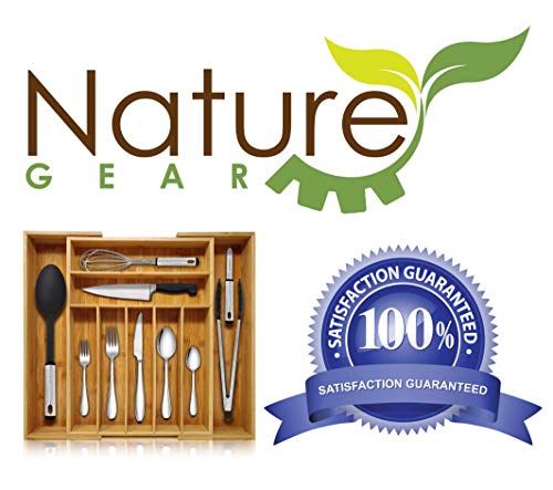 Nature Gear Kitchen Drawer Organizer - 9 Section Expandable Bamboo Storage for Flatware - Housewares - Bath & Vanity - Tool Utility Caddy Adjustable Tray