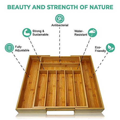 Nature Gear Kitchen Drawer Organizer - 9 Section Expandable Bamboo Storage for Flatware - Housewares - Bath & Vanity - Tool Utility Caddy Adjustable Tray