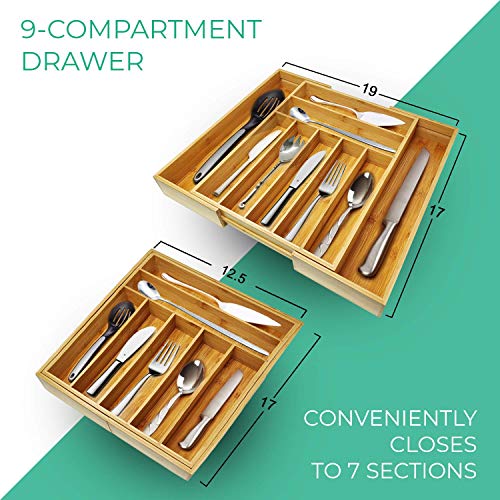 Nature Gear Kitchen Drawer Organizer - 9 Section Expandable Bamboo Storage for Flatware - Housewares - Bath & Vanity - Tool Utility Caddy Adjustable Tray