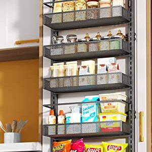 Over the Door Pantry Organizer, 6-Tier Adjustable Spice Rack, Metal Door Shelf with Detachable Guardrail, Space Saving Hanging Baskets for Kitchen Pantry Bathroom Organization Storage, Black