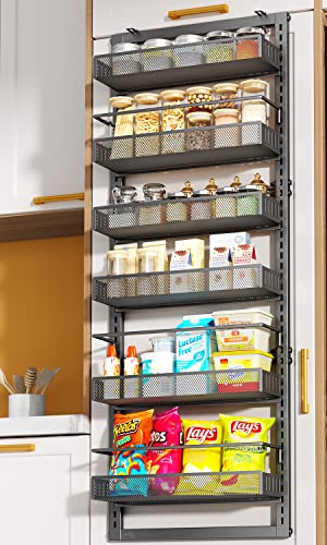 Over the Door Pantry Organizer, 6-Tier Adjustable Spice Rack, Metal Door Shelf with Detachable Guardrail, Space Saving Hanging Baskets for Kitchen Pantry Bathroom Organization Storage, Black