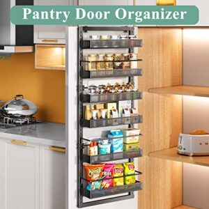 Over the Door Pantry Organizer, 6-Tier Adjustable Spice Rack, Metal Door Shelf with Detachable Guardrail, Space Saving Hanging Baskets for Kitchen Pantry Bathroom Organization Storage, Black