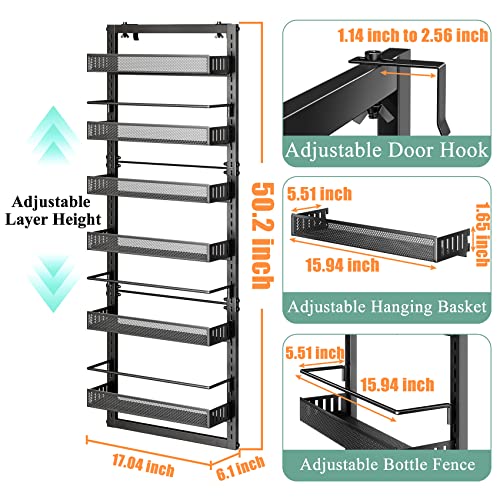 Over the Door Pantry Organizer, 6-Tier Adjustable Spice Rack, Metal Door Shelf with Detachable Guardrail, Space Saving Hanging Baskets for Kitchen Pantry Bathroom Organization Storage, Black