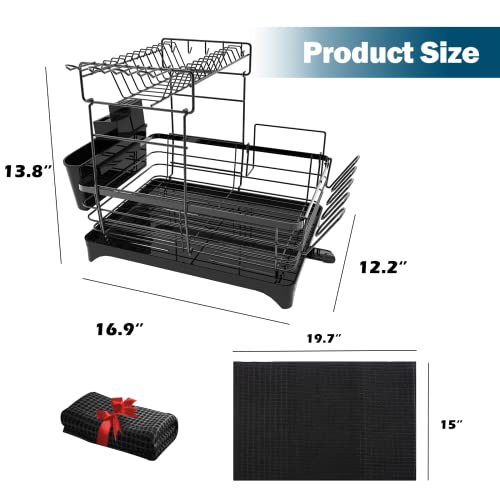 SHAINFUN Dish Drying Rack with Drainboard Set,2-Tier Dish Rack for Kitchen Counter,Rust Prevention Large Capacity Dish Drainer Organizer with Utensil Holder,Wine Glass Holder.