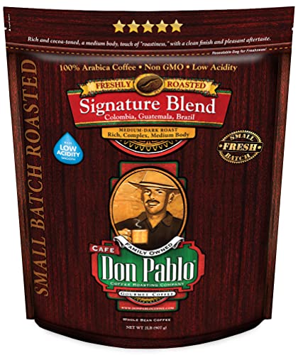 Don Pablo Gourmet Coffee - Signature Blend - Medium Dark Roast - Whole Bean Coffee - 100% Arabica Beans - Low Acidity and Non-GMO - 2lb bag