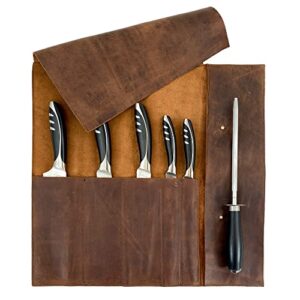 hide & drink, rustic leather knife roll case (5 pockets), compact carry on bag for traveling chefs & cooks, kitchen tool storage organizer, handmade includes 101 year warranty (bourbon brown)