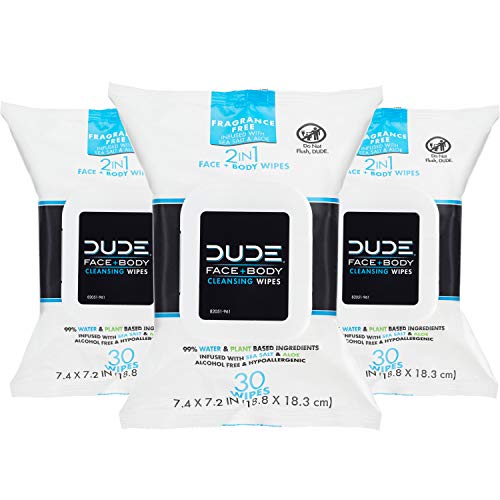 DUDE Wipes Face and Body Wipes - 3 Pack, 90 Wipes - Unscented Wipes with Sea Salt & Aloe - 2-in-1 Body & Face Wipes - Alcohol Free and Hypoallergenic Cleansing Wipes