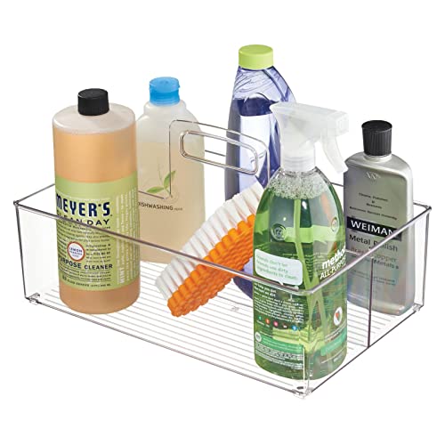 mDesign Large Plastic Divided Portable Storage Organizer Caddy Tote Basket Bin with Handle for Kitchen, Pantry, Countertop, Cabinet, Cupboard - Ligne Collection - Clear