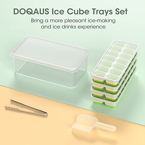 DOQAUS Ice Cube Tray with Lid and Bin, Silicone & Plastic Ice Cube Trays for Freezer with Ice Box, 4 Pack Ice Trays with Ice Container, Stackable Ice Tray with Storage Ice Bucket Bin, Ice Tong & Scoop