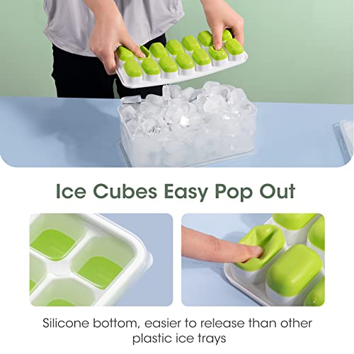 DOQAUS Ice Cube Tray with Lid and Bin, Silicone & Plastic Ice Cube Trays for Freezer with Ice Box, 4 Pack Ice Trays with Ice Container, Stackable Ice Tray with Storage Ice Bucket Bin, Ice Tong & Scoop