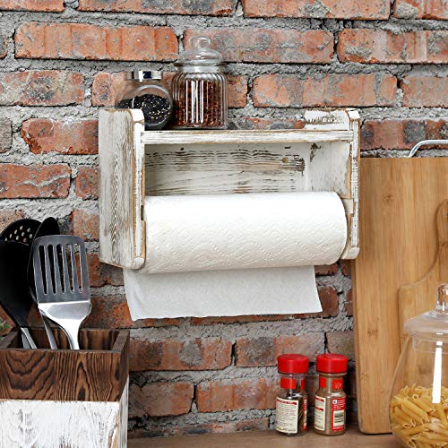 MyGift Paper Towel Roll Holder, Shabby Whitewashed Wood Farmhouse Wall Mounted Kitchen Napkin Dispenser Rack with Top Storage Shelf Spice Racks