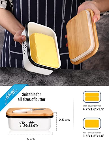 AISBUGUR Large Butter Dish with Lid for Countertop, Metal Butter Keeper with Stainless Steel Multipurpose Butter Knife, Butter Container with Double High-quality Silicone Good Kitchen Gift White