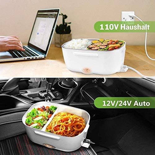 Electric Lunch Box-3 In 1 For Car/Truck, Portable Food Heater For Car/Office/Picnic, 24V And 12V&110V 40W, 304 Stainless Steel Portable Container, Removable Food Heater Heater Spoon and 2 Compartments