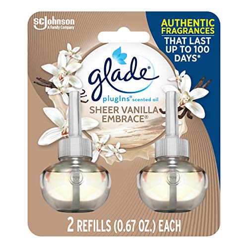 Glade PlugIns Refills Air Freshener, Scented and Essential Oils for Home and Bathroom, Sheer Vanilla Embrace, 1.34 Oz, 2 Count