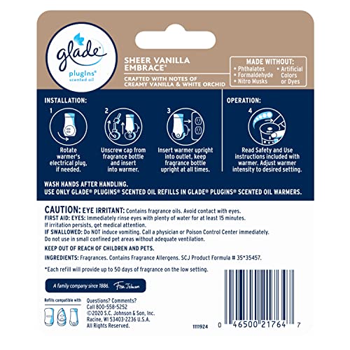 Glade PlugIns Refills Air Freshener, Scented and Essential Oils for Home and Bathroom, Sheer Vanilla Embrace, 1.34 Oz, 2 Count