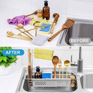 SUBEKYU Telescopic Sink Storage Rack Holder, Expandable Sink Caddy Kitchen Sink Organizer Sponge Holder, 304 Stainless Steel, Length 14.5--20 inches