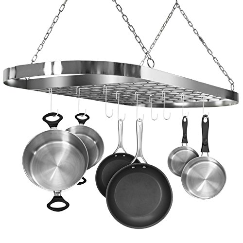 Sorbus® Pot and Pan Rack for Ceiling with Hooks — Decorative Oval Mounted Storage Rack — Multi-Purpose Organizer for Home, Restaurant, Kitchen Cookware, Utensils, Books, Household (Hanging Chrome)