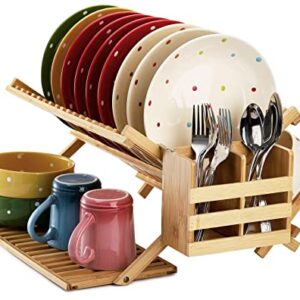 Lawei Bamboo Dish Drying Rack with Utensil Holder - 3 Tier Bamboo Dish Rack Large Collapsible Dish Drainer Rack for Kitchen Plates, Cups, Mugs, Utensil, Flatwares