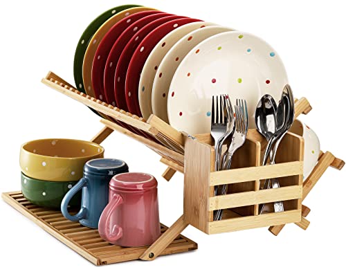 Lawei Bamboo Dish Drying Rack with Utensil Holder - 3 Tier Bamboo Dish Rack Large Collapsible Dish Drainer Rack for Kitchen Plates, Cups, Mugs, Utensil, Flatwares