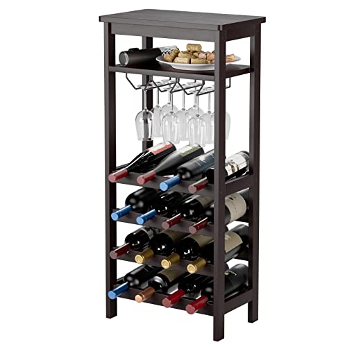 Bamboo Wine Rack, Wine Rack Freestanding Floor with Glass Holder Rack, Tabletop & 16 Bottles Holder, Wine Display Storage Stand for Kitchen, Office, Bar