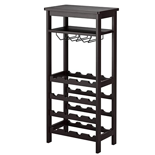 Bamboo Wine Rack, Wine Rack Freestanding Floor with Glass Holder Rack, Tabletop & 16 Bottles Holder, Wine Display Storage Stand for Kitchen, Office, Bar