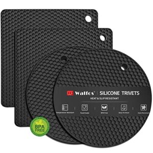 walfos silicone trivet mats – 4 heat resistant pot holders, multipurpose non-slip hot pads for kitchen potholders, hot dishers, jar opener, spoon holder, food grade silicone & bpa free (black)