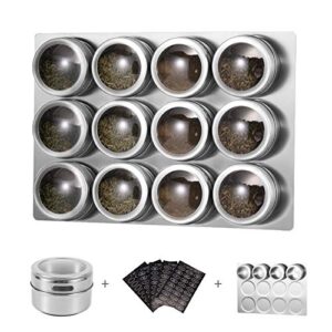 hefantu 12 magnetic spice tins with spice racks wall mount & 120 spice labels, storage magnet spice containers, clear lid with sift and pour(spices not included)(silver)