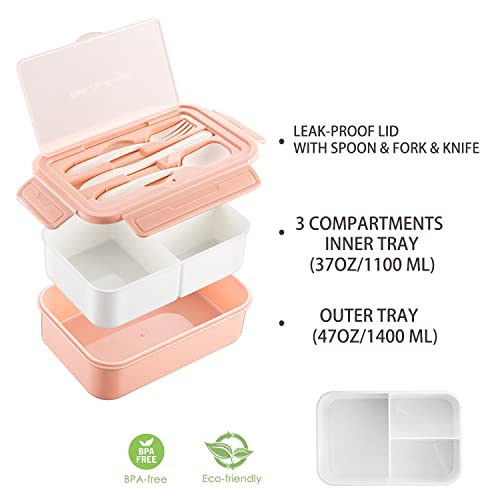 TACGEA Bento Box for Kids and Adults, Lunch Box 37oz Food Storage Container with Fork & Spoon, Knife, BPA Free, Microwave, Dishwasher Freezer Safe (Pink)